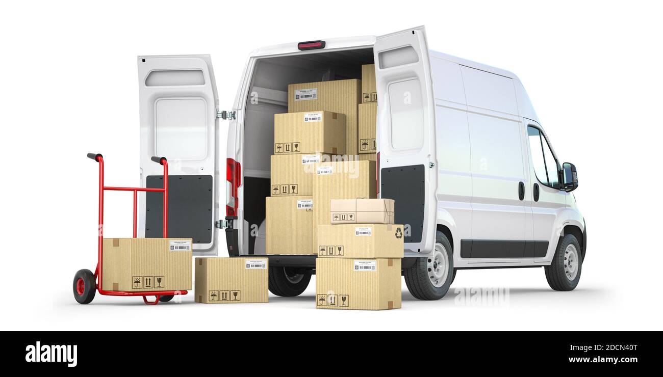 Delivery van with open doors and hand truck with cardboard boxes ...