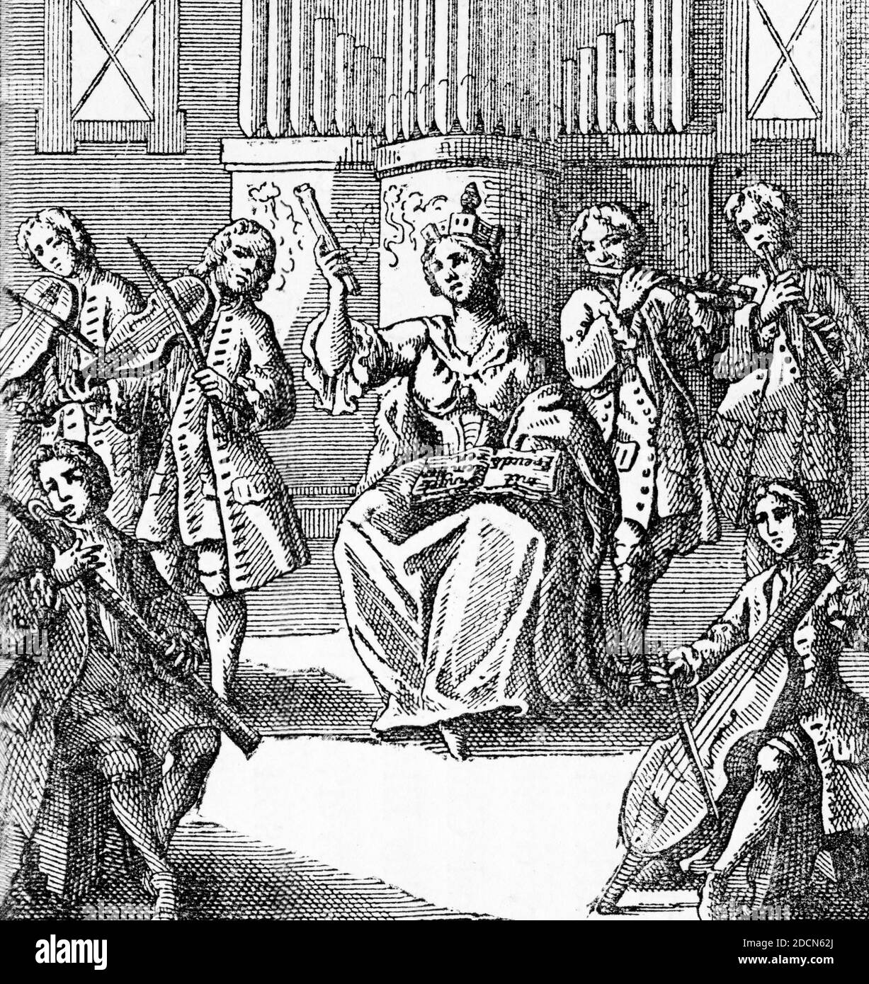 Engraving of musicians playing for a member of the royal family ...
