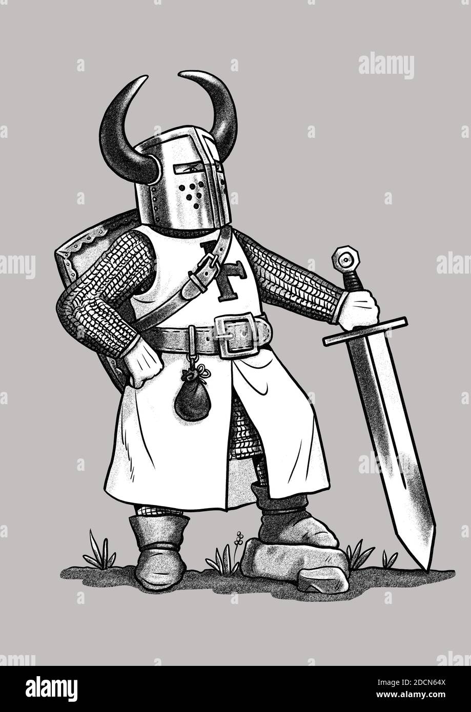 Teutonic knight cartoon. Black white drawing Stock Photo - Alamy