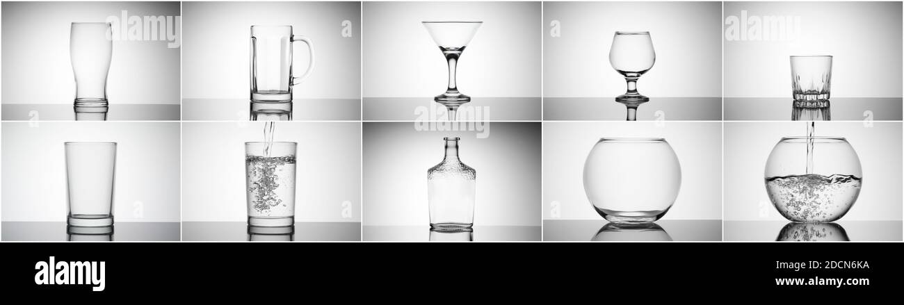 Set of glassware on a glossy table with reflection. Collage from empty ...