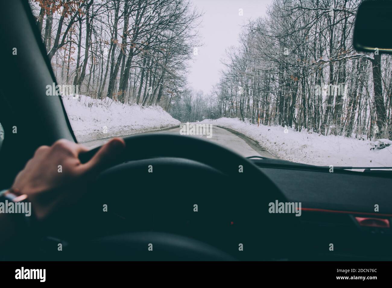 an inside the car view of a snowy road and the surrounding trees Stock ...