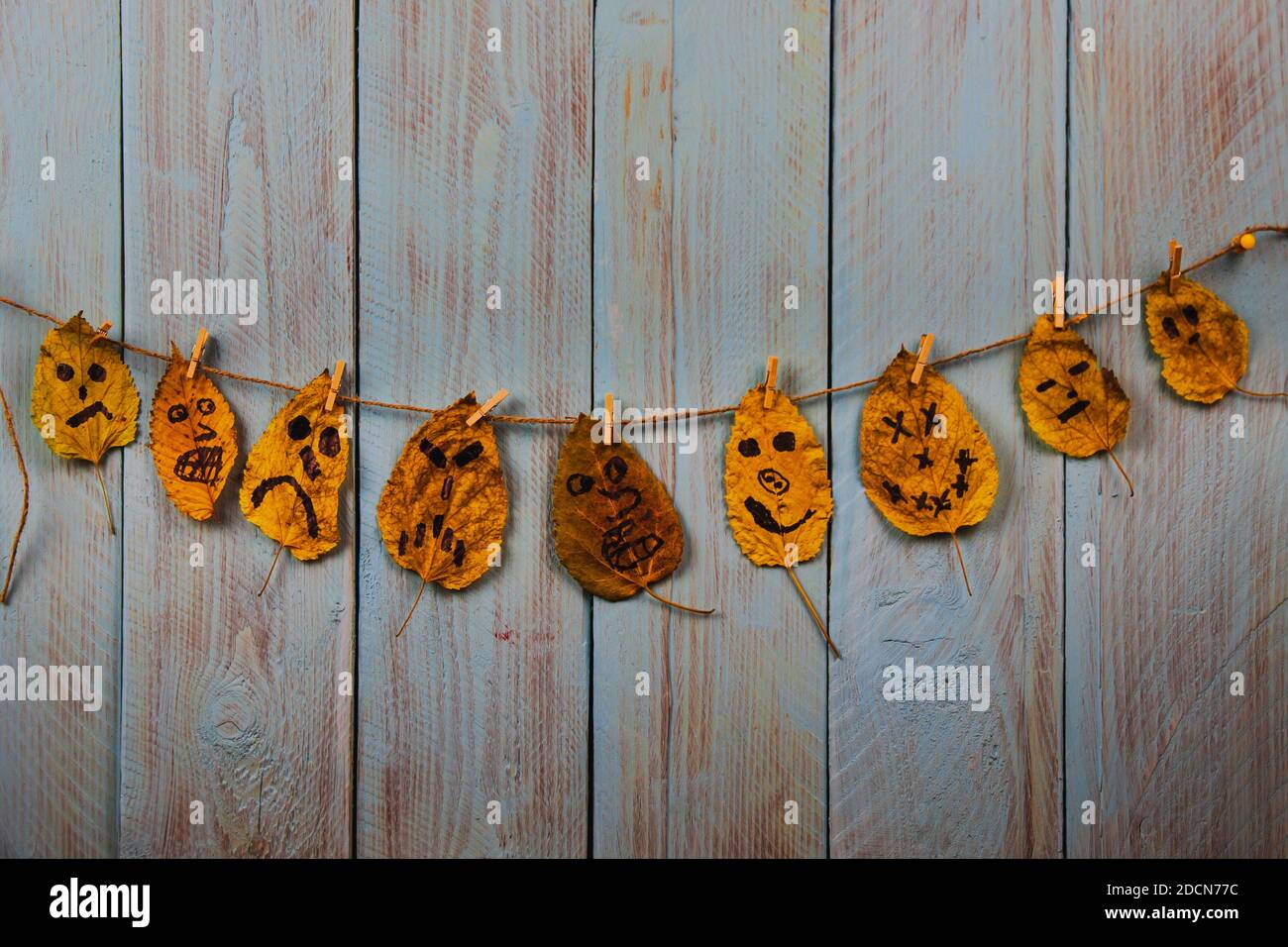 Funny smiley emoticon face drawn on golden autumn leaves hanging on the ...
