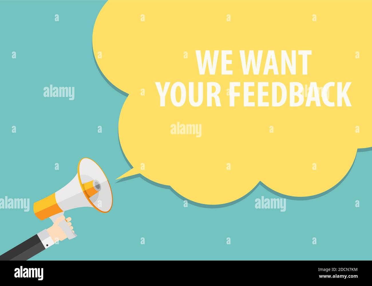 We Want Your Feedback Background. Hand with Megaphone and Speech Bubble ...