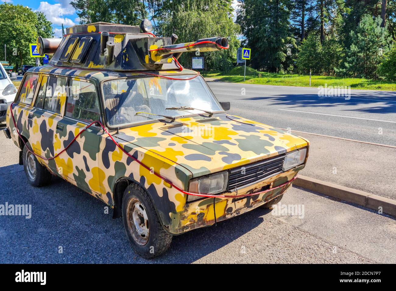 battle tank armour with a cannon imitation on a car body Stock Photo ...
