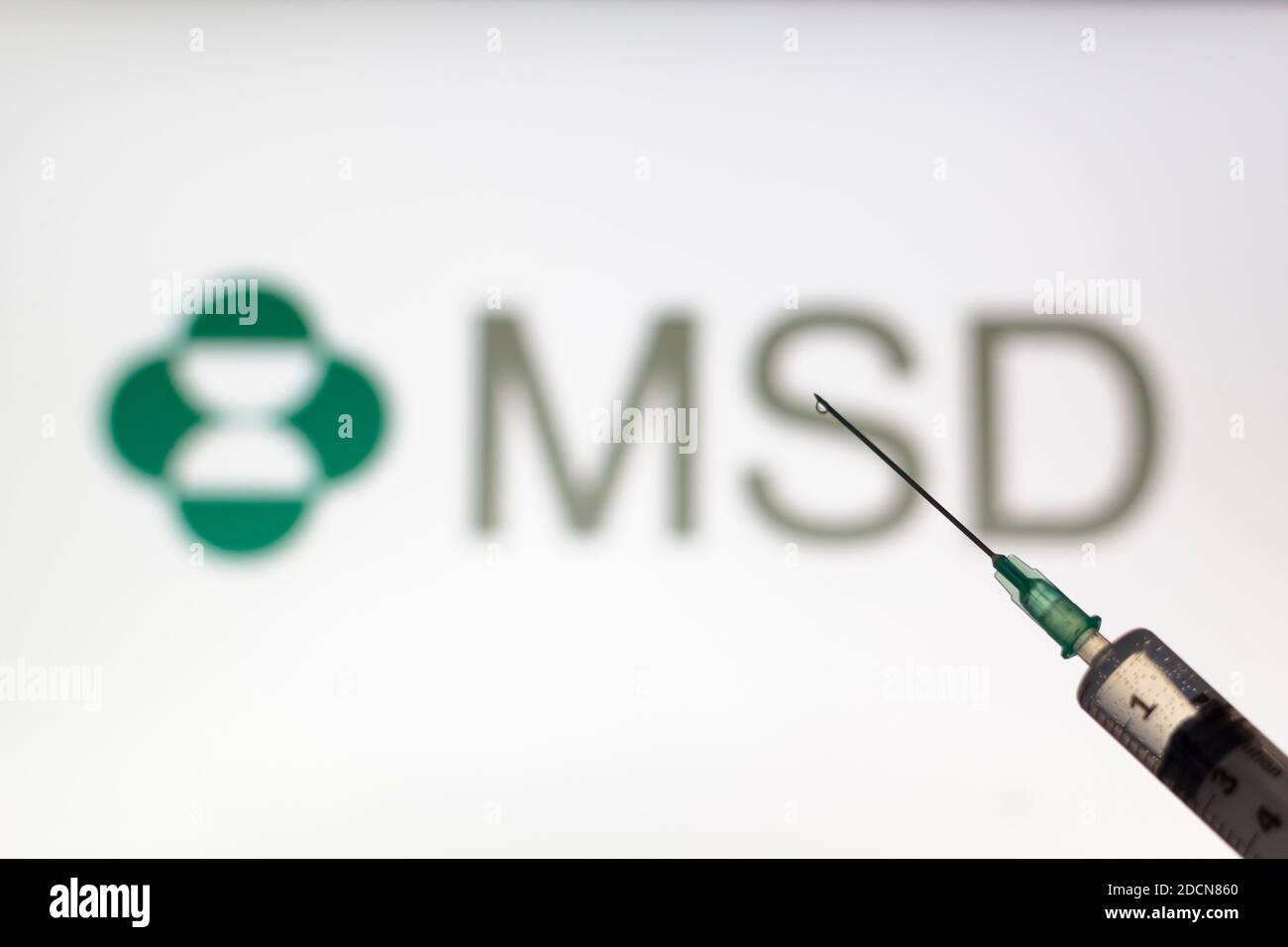 Lisbon, Portugal - November 22, 2020: Syringe and MSD logo on the ...