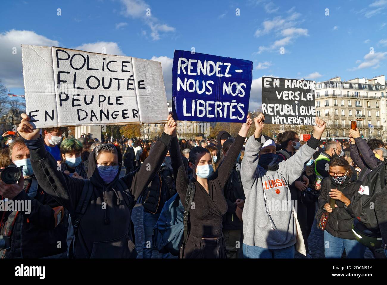 Paris, France. 21st Nov, 2020. Gathering of opponents of the GLOBAL ...