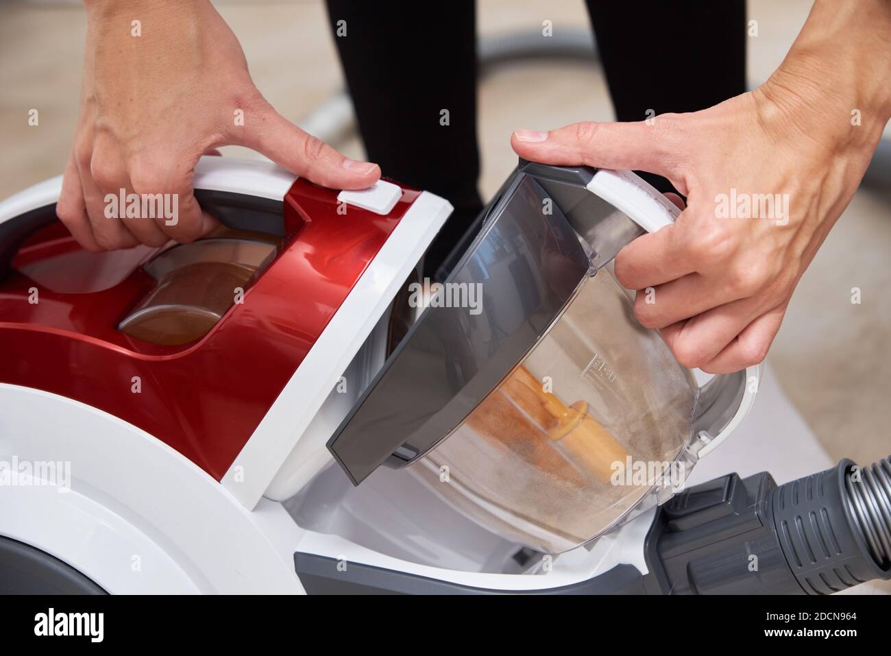 woman takes out container of dust from vacuum cleaner Stock Photo - Alamy
