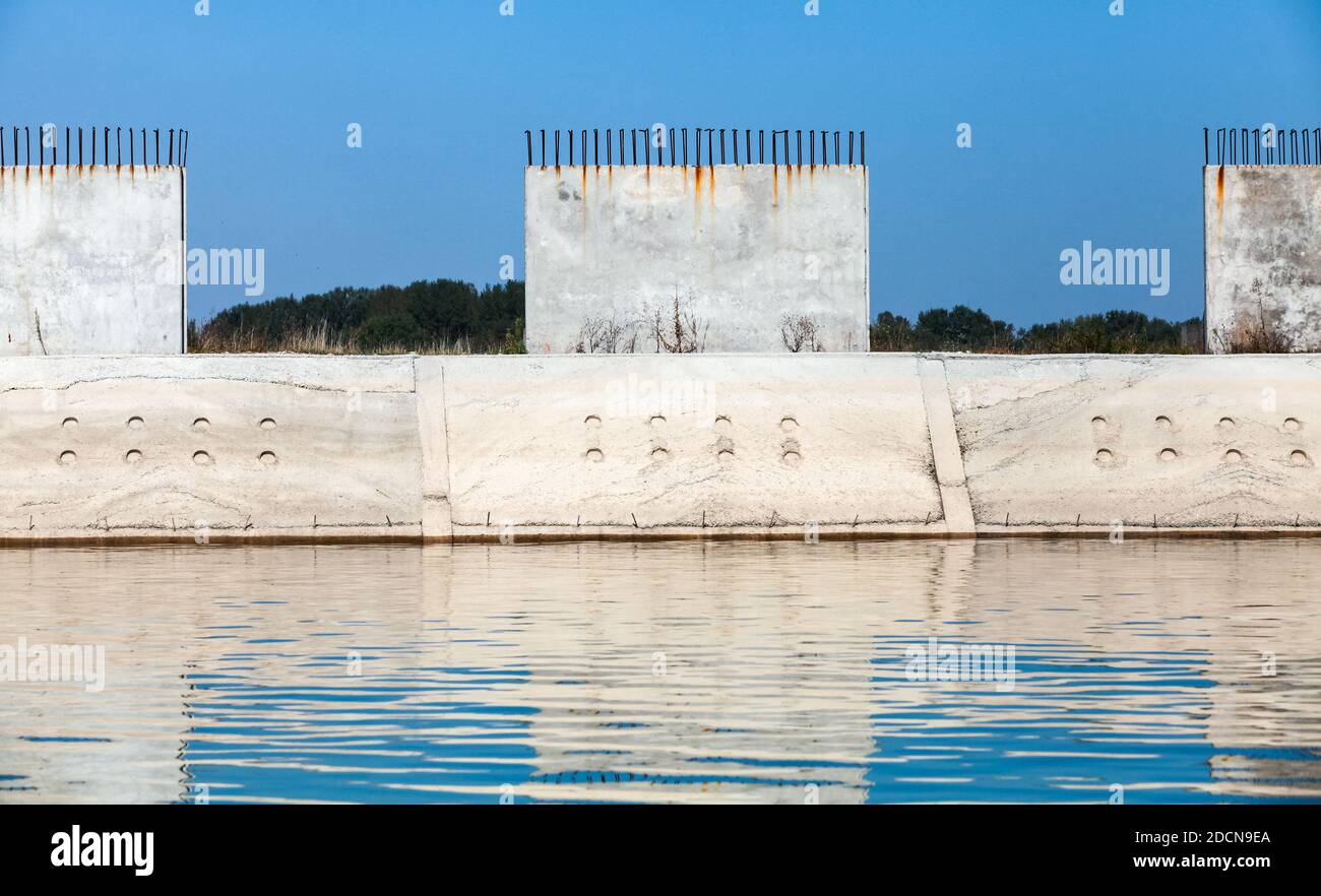 Coastal fortifications made of concrete blocks. Danube river coast ...