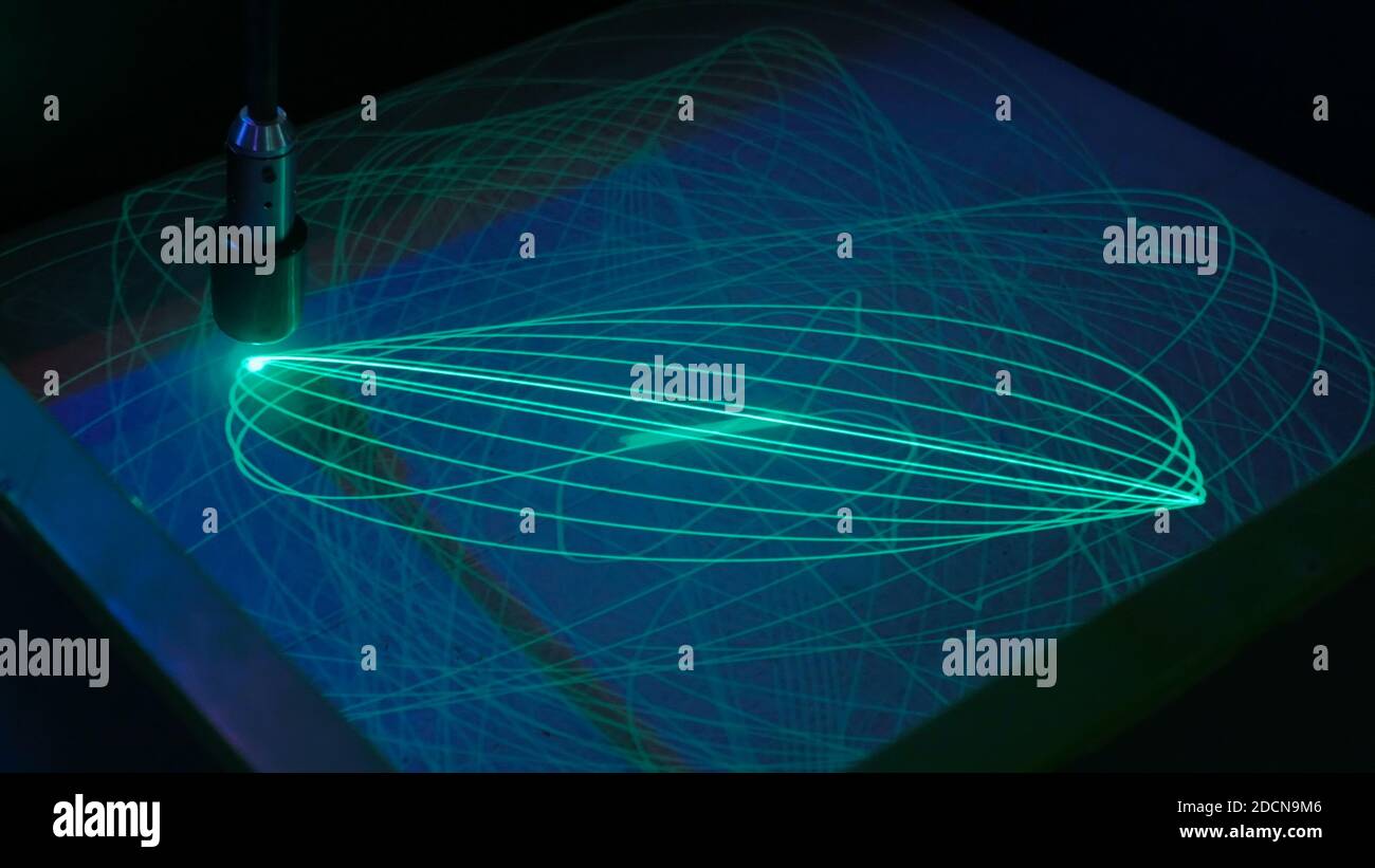 Big pendulum draws ellipses with light on phosphorus surface Stock ...