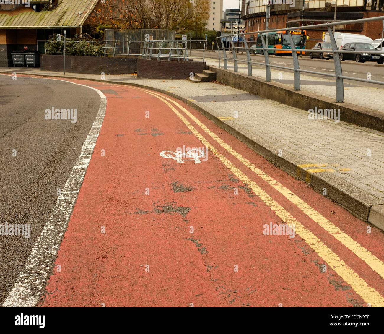 November 2020 - Red cycle lanes in the Welsh capital city of Cardiff ...