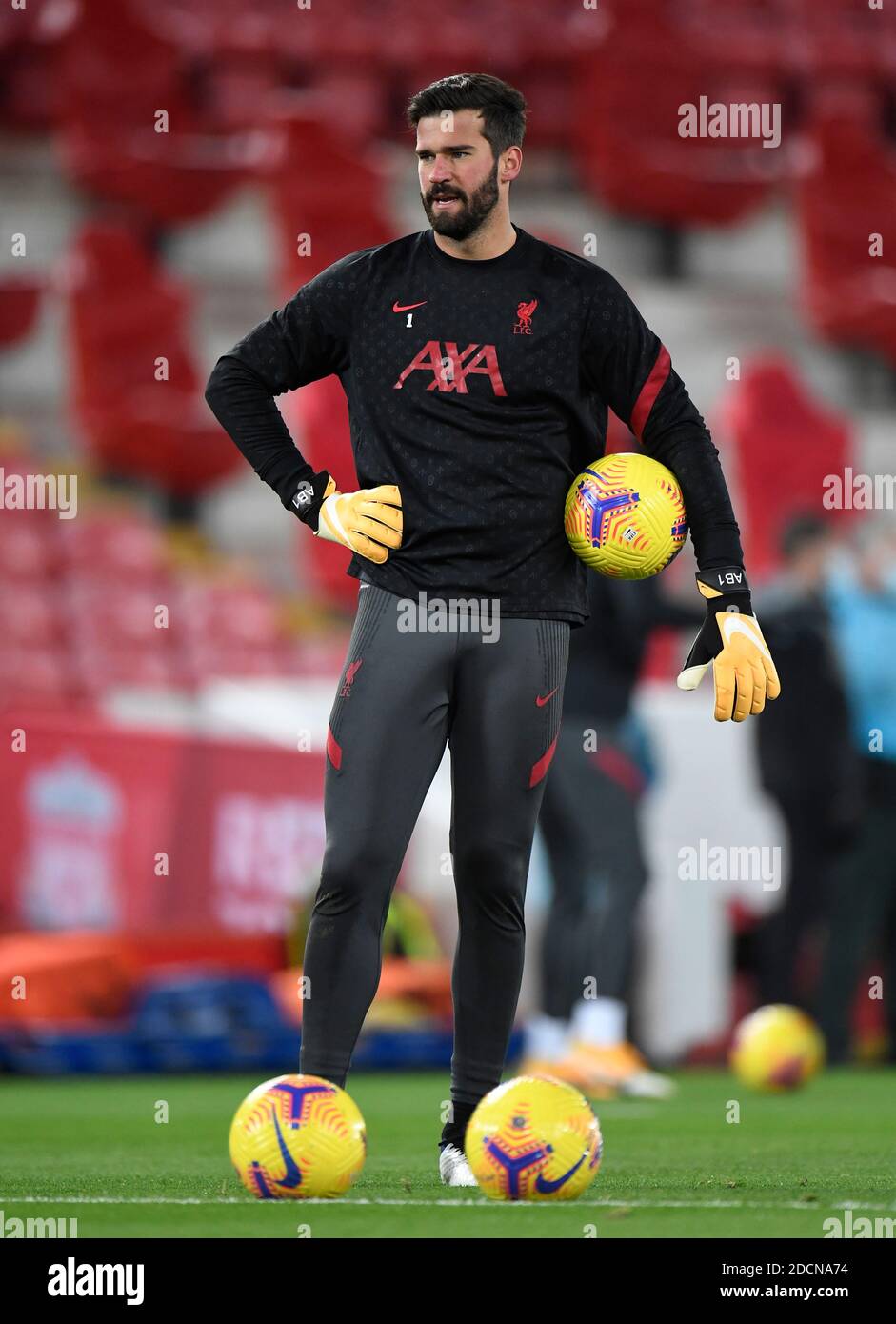 Liverpool goalkeeper Alisson warming up before the Premier League match ...