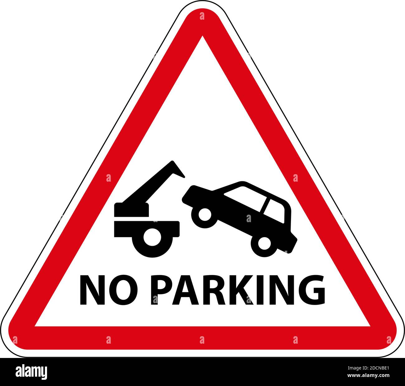 No parking car tow warning sign with triangular shape and red frame ...