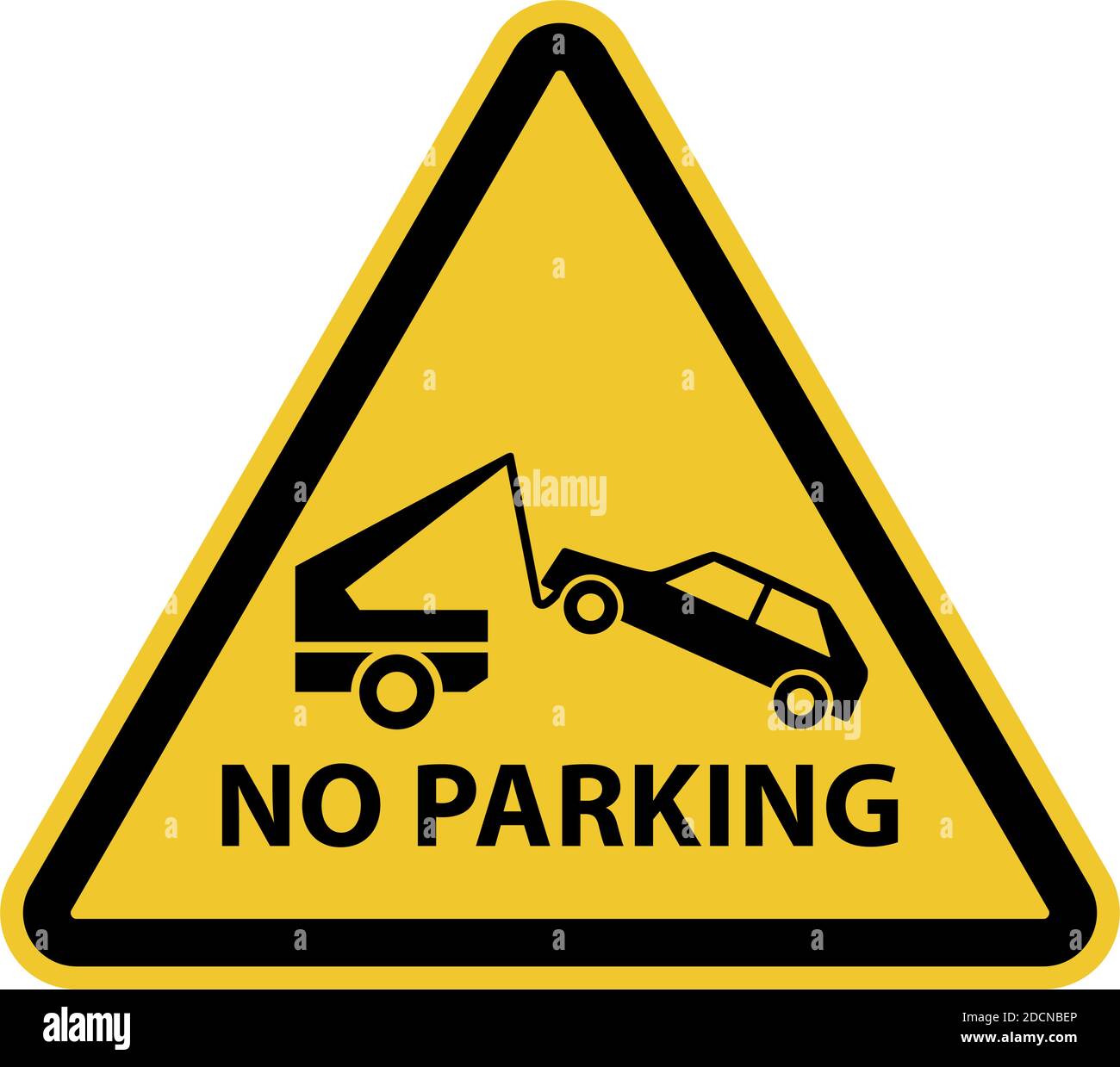 Yellow no parking car tow warning sign with triangular shape and black ...