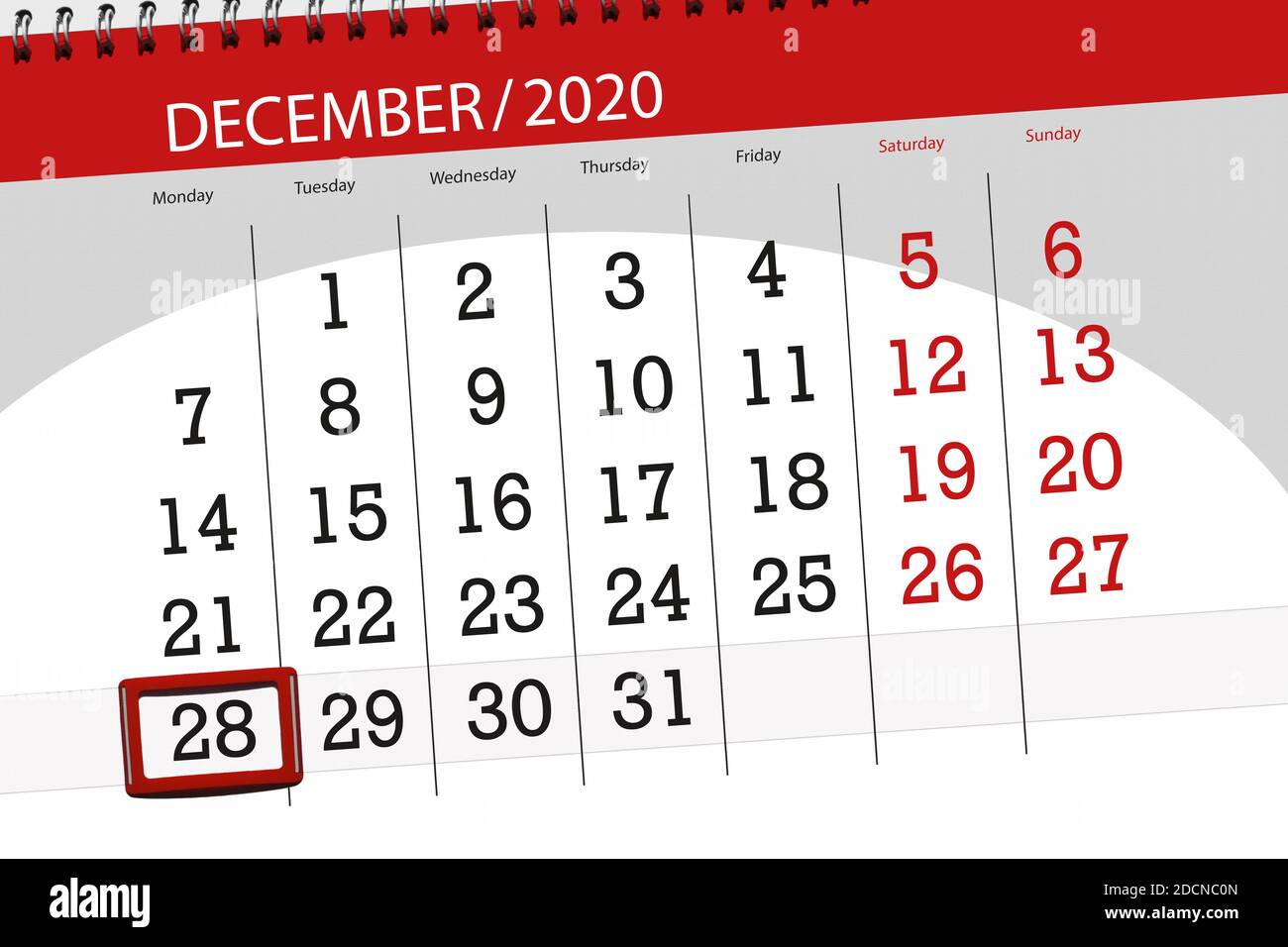 Calendar planner for the month december 2020, deadline day, 28, monday ...