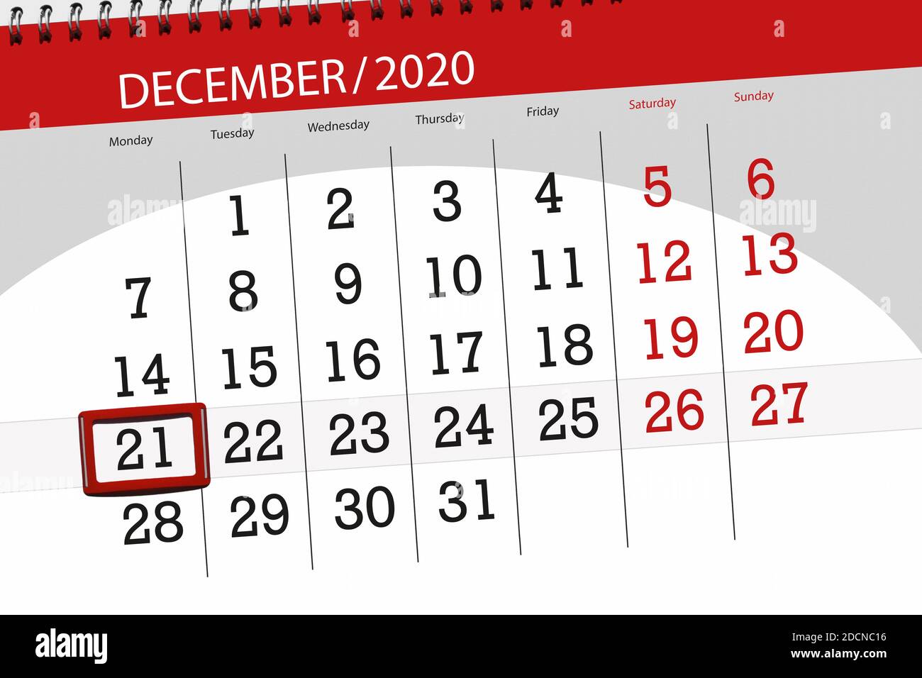 Calendar planner for the month december 2020, deadline day, 21, monday ...
