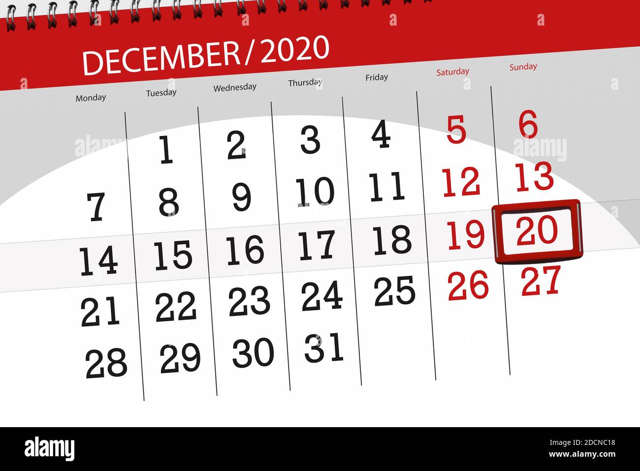 Calendar planner for the month december 2020, deadline day, 20, sunday ...