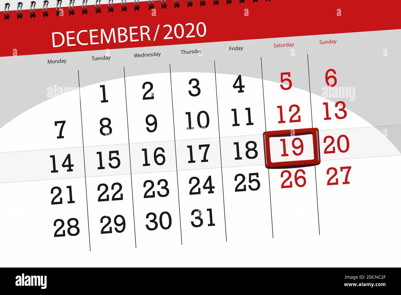 Calendar planner for the month december 2020, deadline day, 19 ...