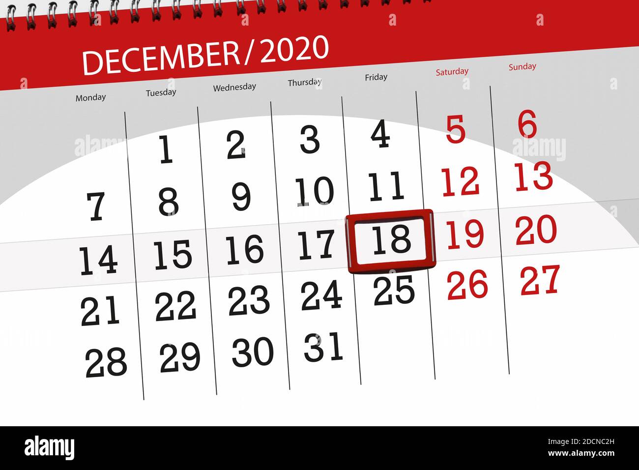 Calendar planner for the month december 2020, deadline day, 18, friday ...