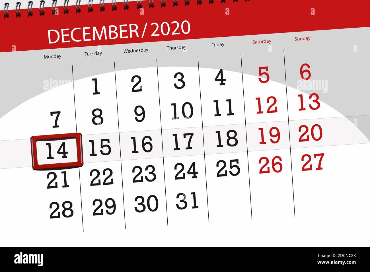 Calendar planner for the month december 2020, deadline day, 14, monday ...