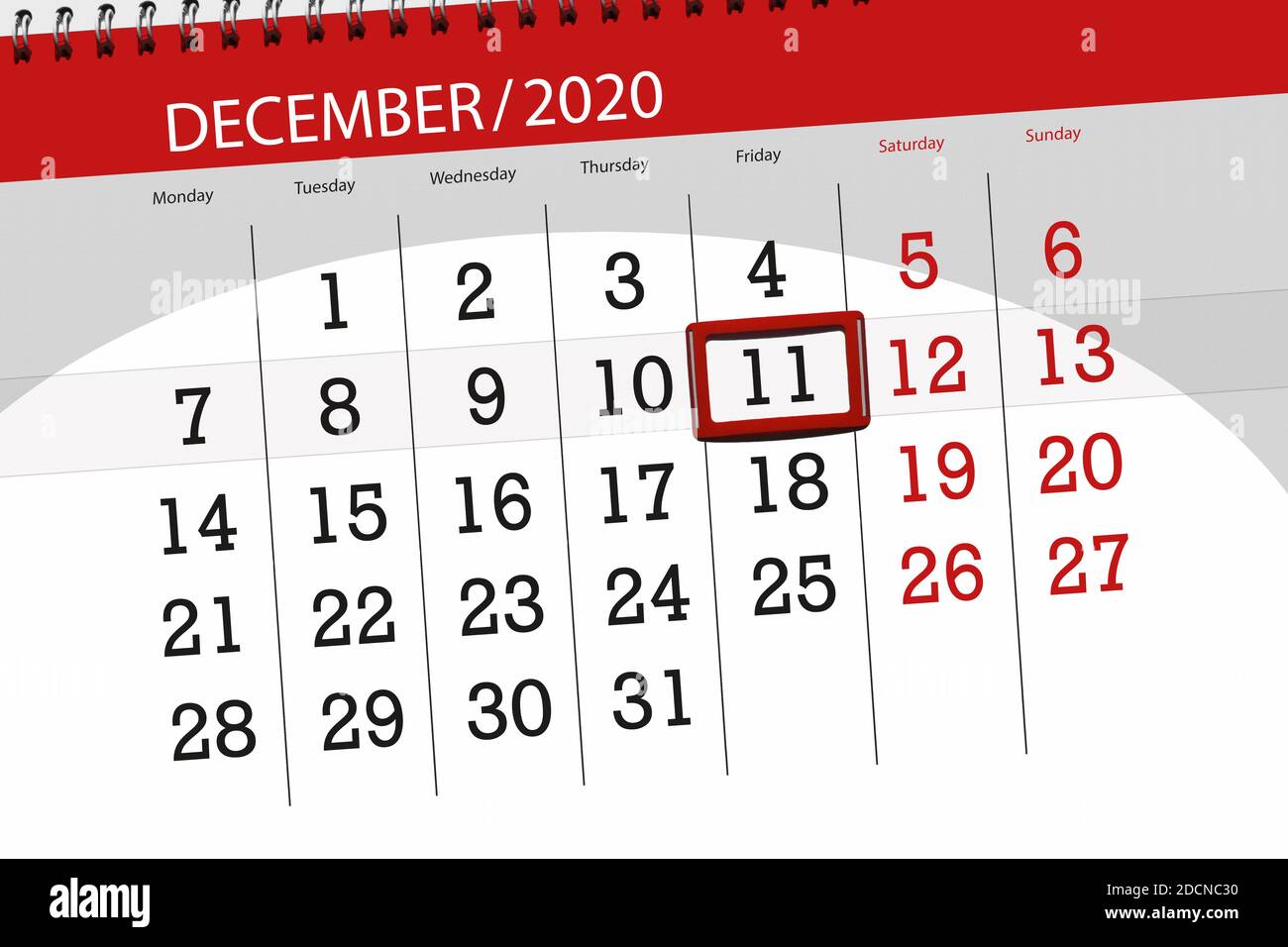 Calendar planner for the month december 2020, deadline day, 11, friday ...