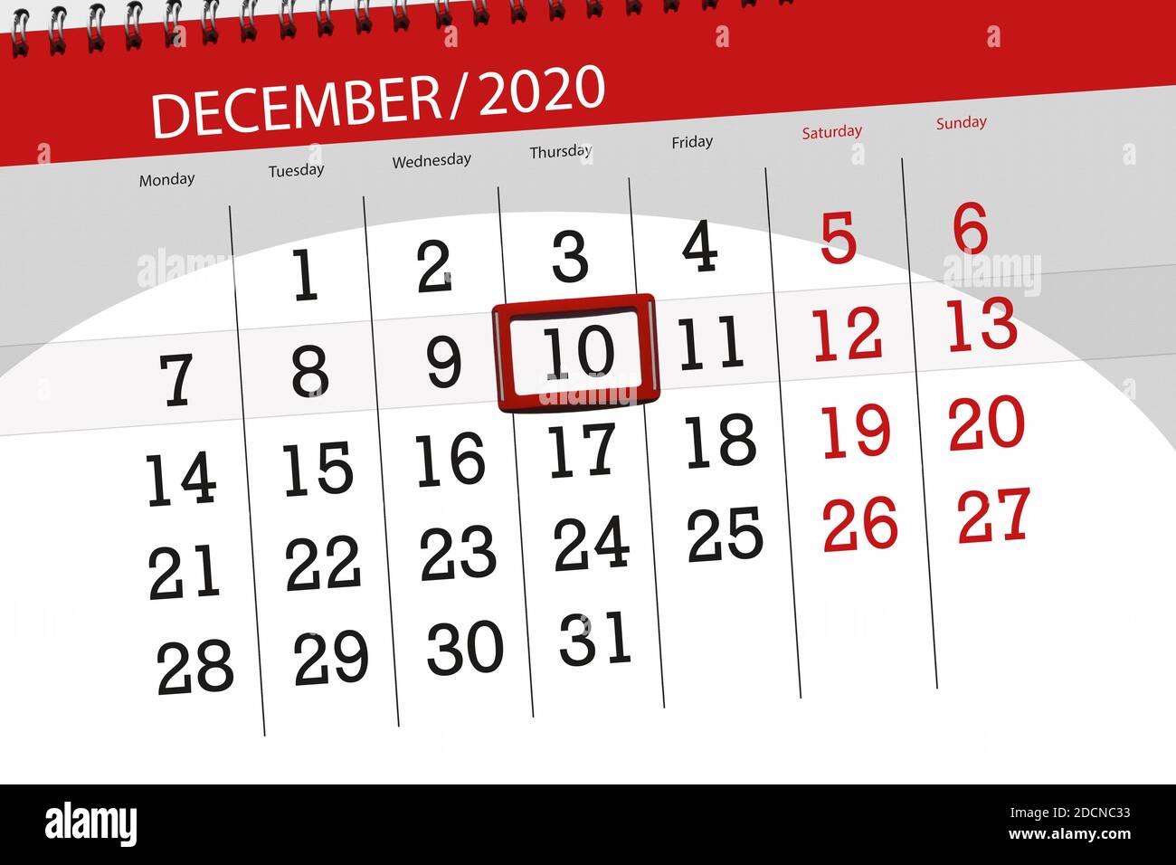 Calendar planner for the month december 2020, deadline day, 10 ...
