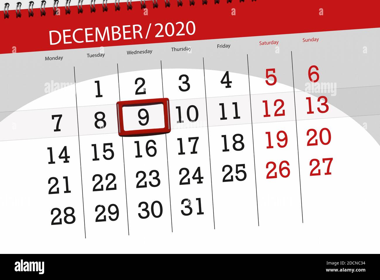 Calendar planner for the month december 2020, deadline day, 9 ...