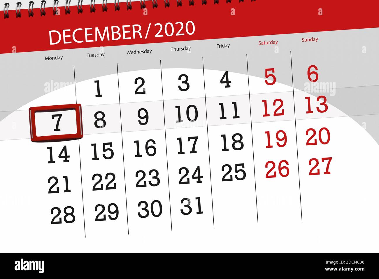 Calendar planner for the month december 2020, deadline day, 7, monday ...