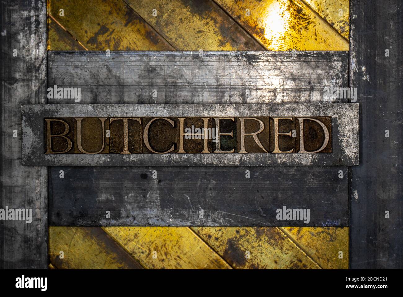 Butchered text on textured lead with grunge copper and vintage gold ...