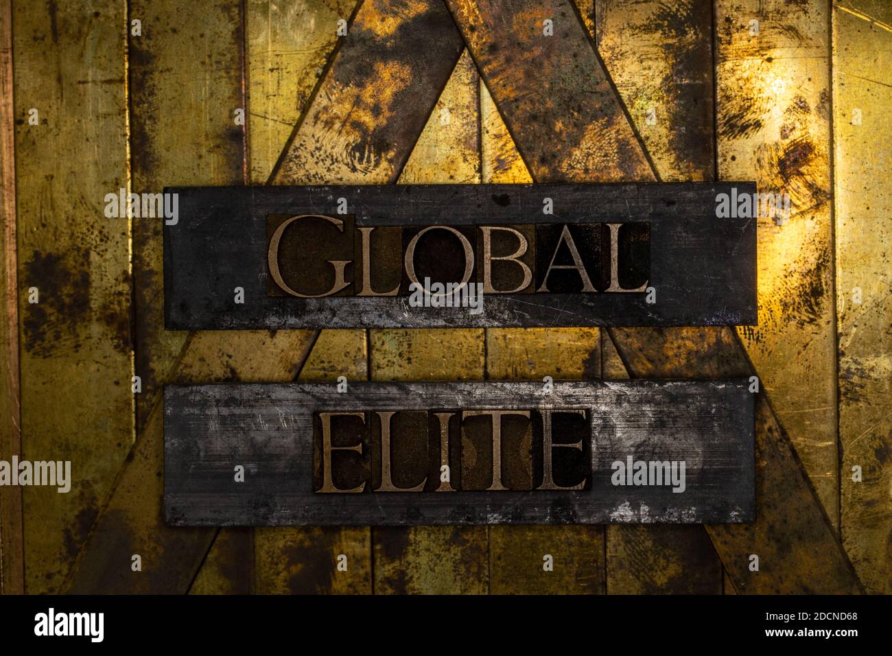 Global Elite text formed by real authentic typeset letters on vintage ...
