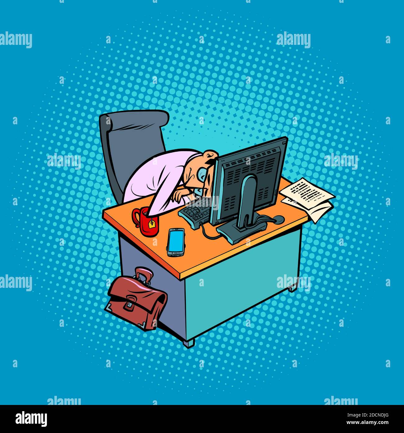 sleepy tired male businessman works at an office workplace at a ...