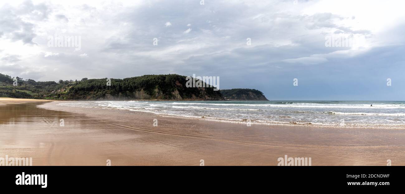 A panorama view of beautiful Rodiles Beach in Asturias in northern ...