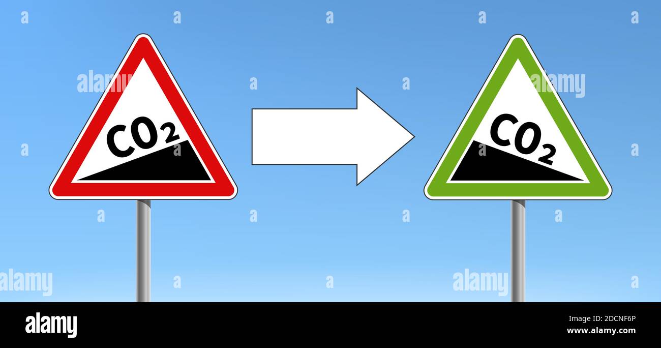 CO2 emission reduction triangular shape sign with blue sky background ...