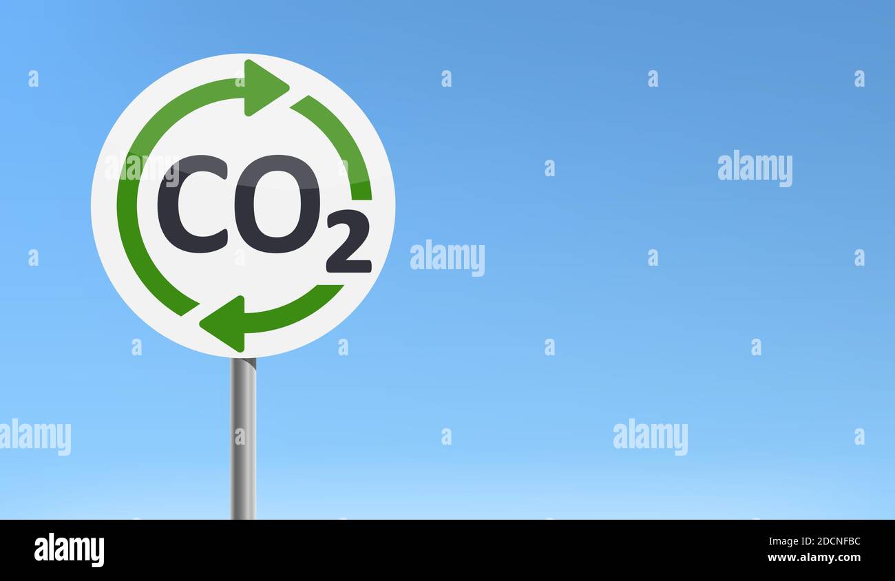 CO2 cycle sign green eco emission symbol with blue sky background ...