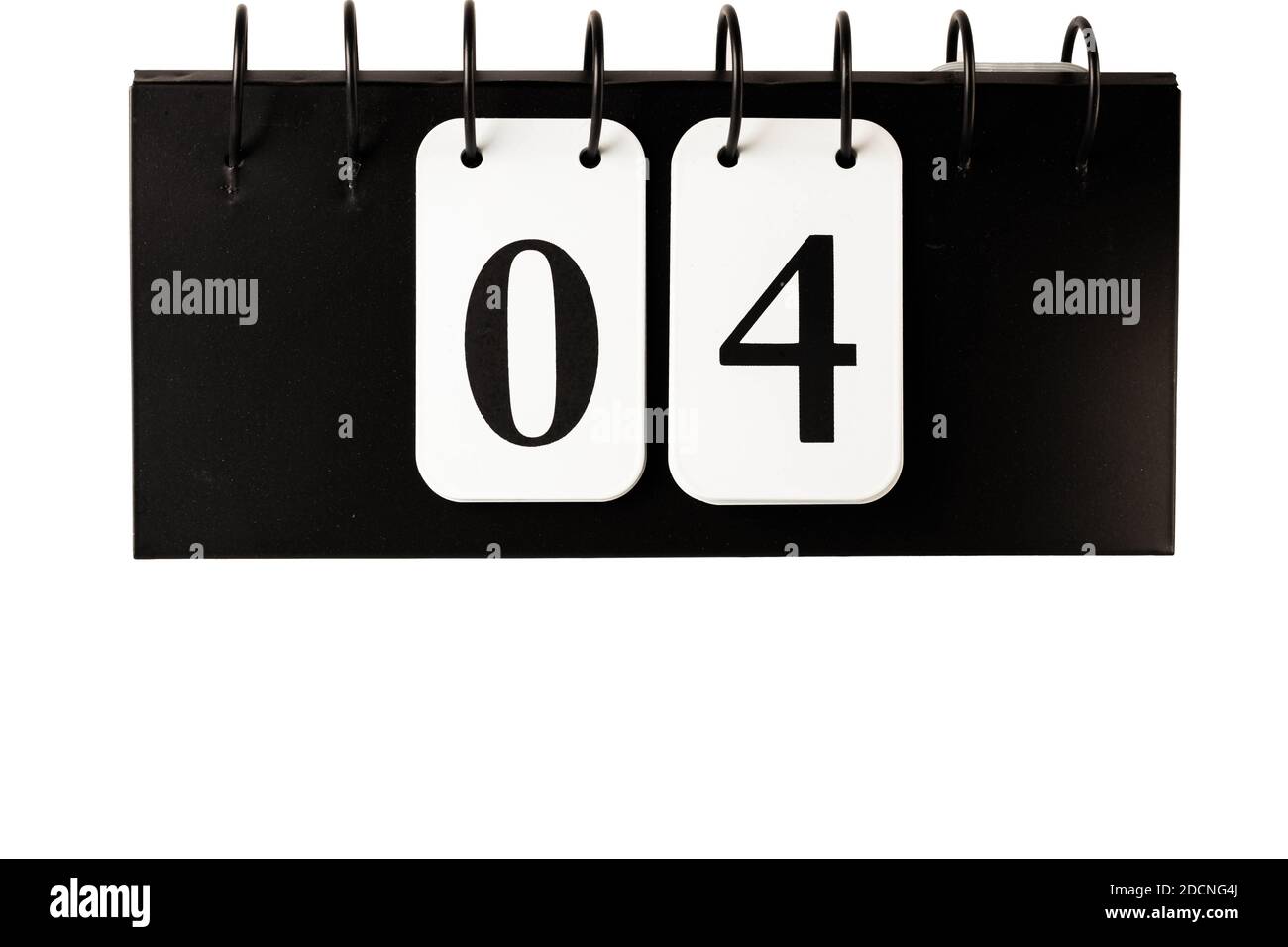 Close up view of calendar with selected date 04 isolated on white ...