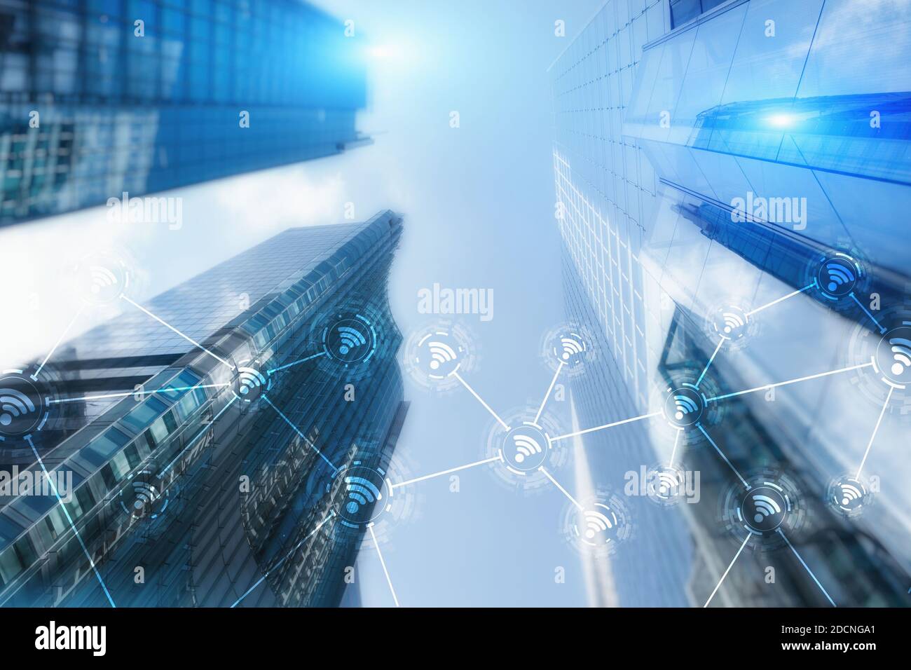 Wi-fi icon on the modern city of the future. Wireless network ...