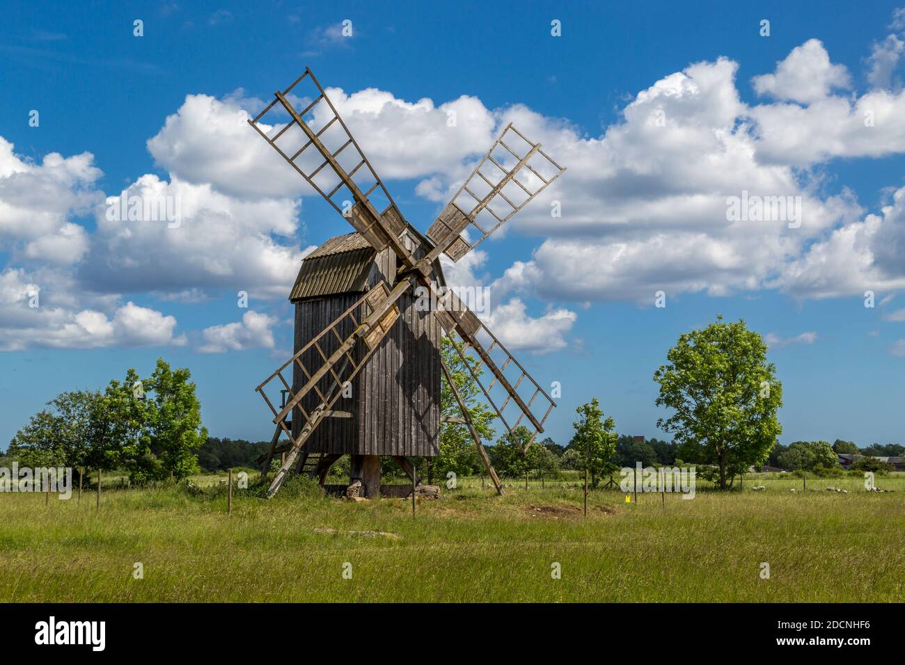 Old wooden windmill on Öland, Sweden Stock Photo - Alamy