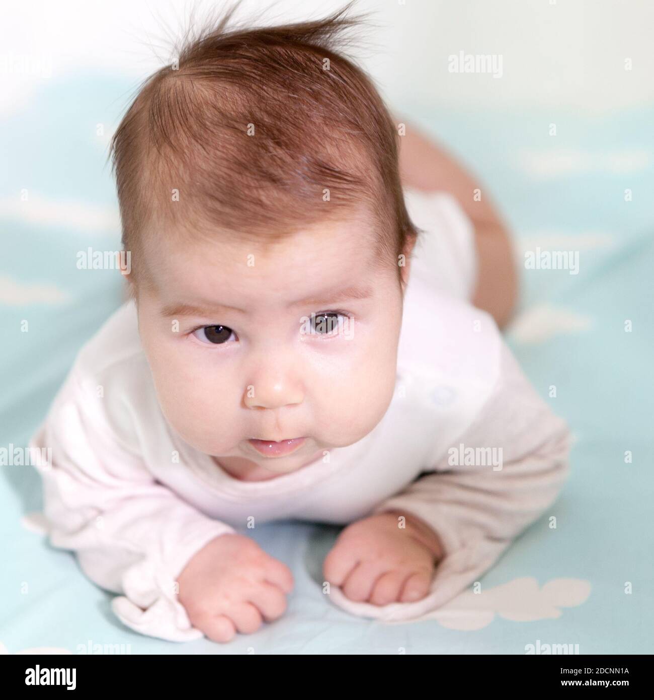 Portrait of newborn Caucasian baby holding head, leaning on arms, brown ...