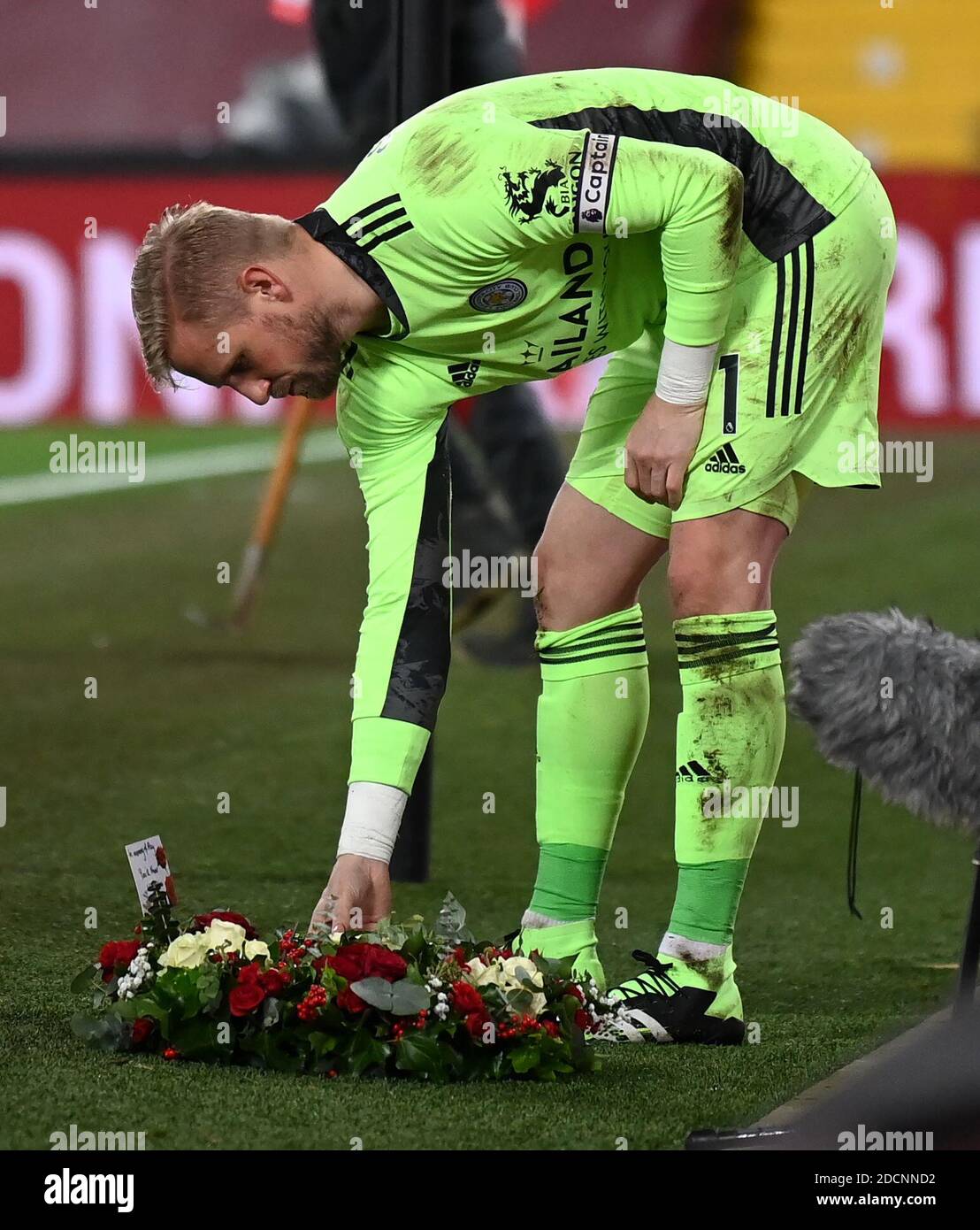 Leicester City goalkeeper Kasper Schmeichel lays his gloves at the ...
