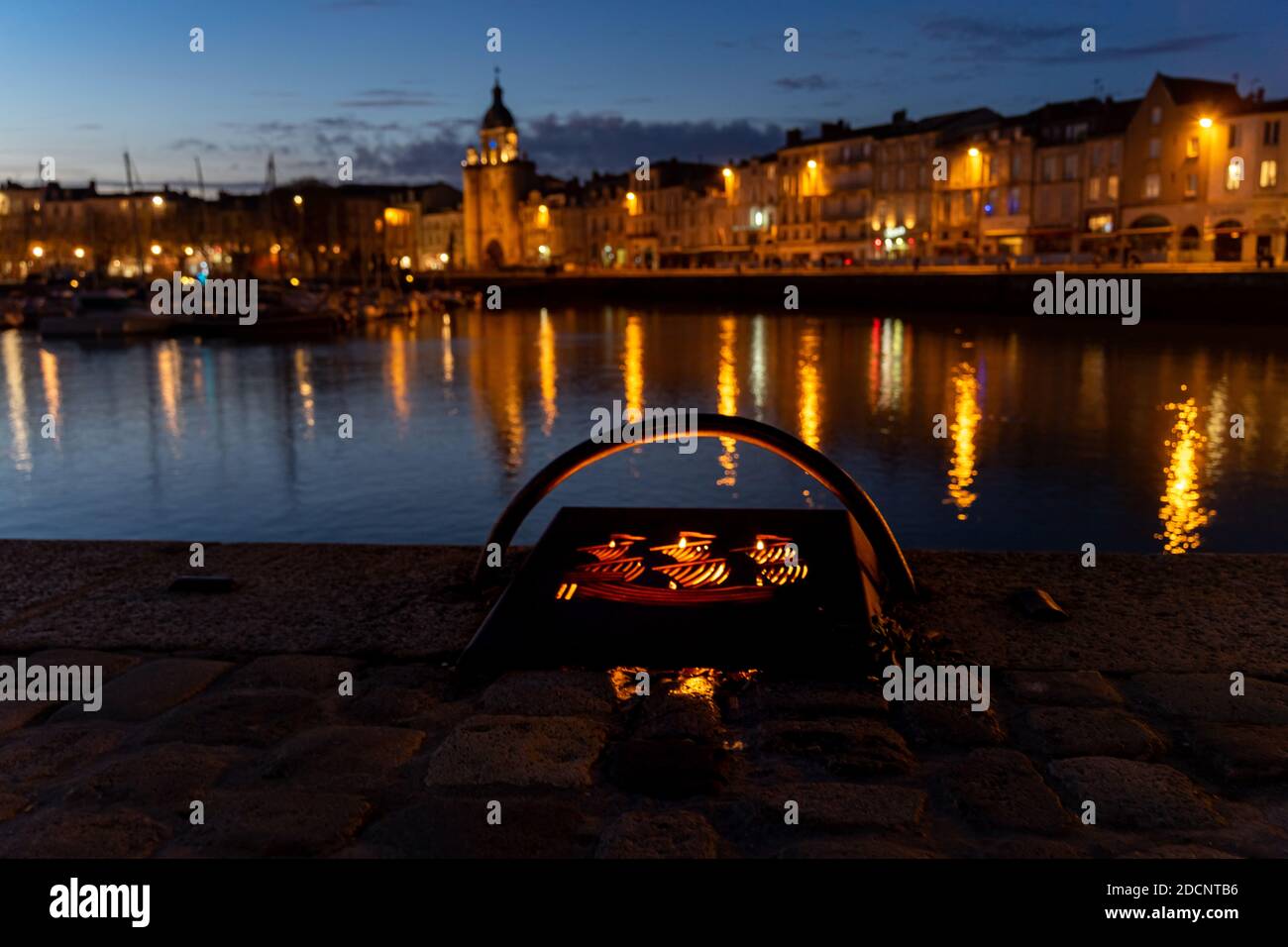 detail of an illuminated mooring in the old harbor of La Rochelle at ...