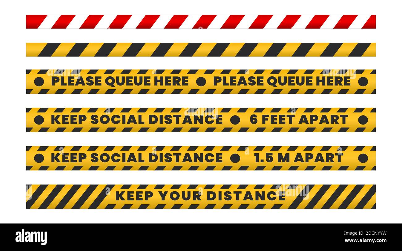 Collection of social distance floor tapes. Warning safety rules for ...