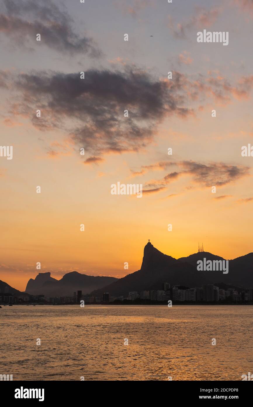 Beautiful sunset ocean view to Corcovado Mountain and geography of Rio ...