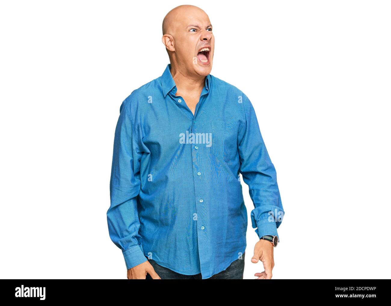 Middle age bald man wearing casual clothes angry and mad screaming ...