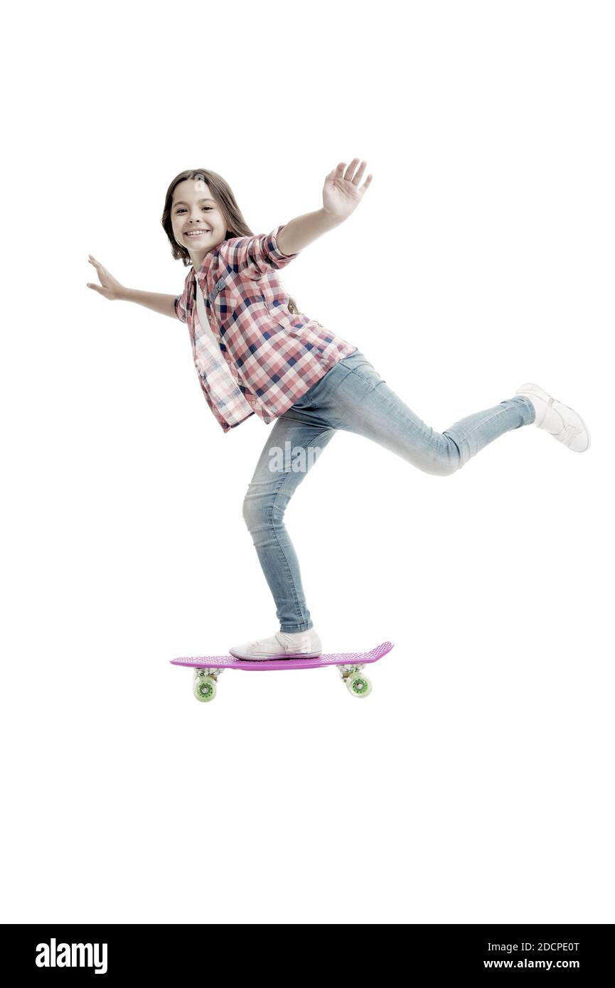 Street and park skateboarding. Happy child ride penny board. Little ...