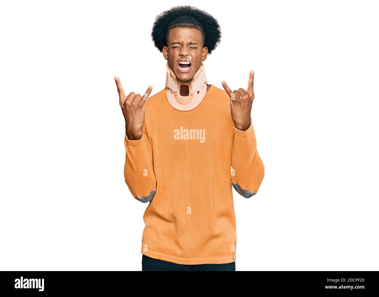 African american man with afro hair wearing cervical neck collar ...
