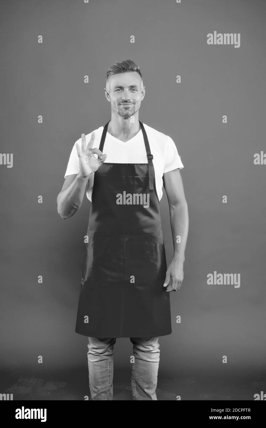 Waiter or bartender. Cafe bar barista job position. Man cook wear apron ...