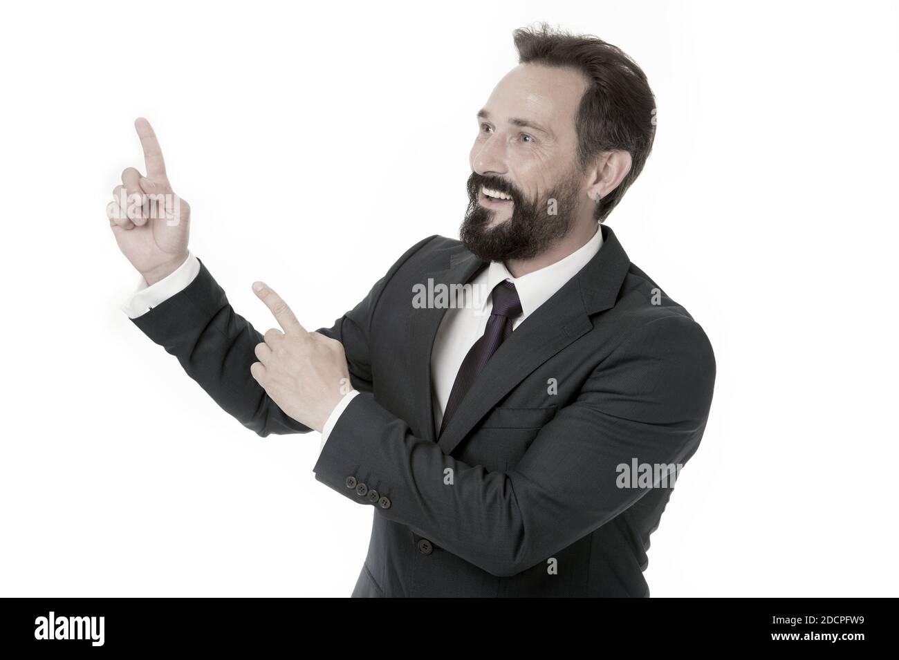 Pointing direction. Man pointing index fingers isolated on white. Man ...