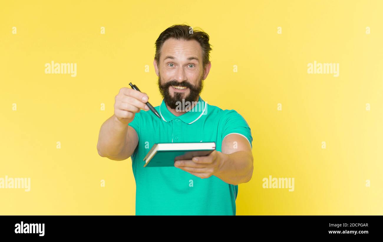 Signing concept. Happy man offer signing paper document. Book signing ...