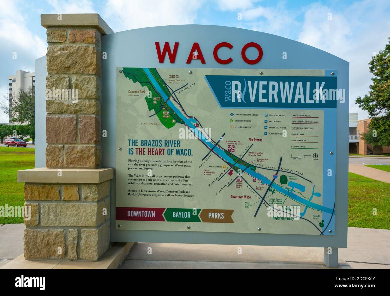 Texas, Waco, Riverwalk, along the Brazos River, information sign Stock ...