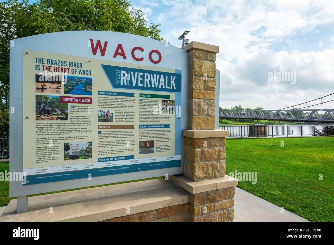 Texas, Waco, Riverwalk, along the Brazos River, information sign Stock ...
