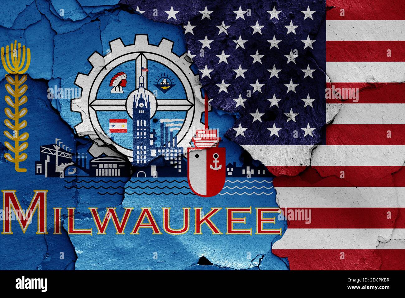 flags of Milwaukee and USA painted on cracked wall Stock Photo - Alamy